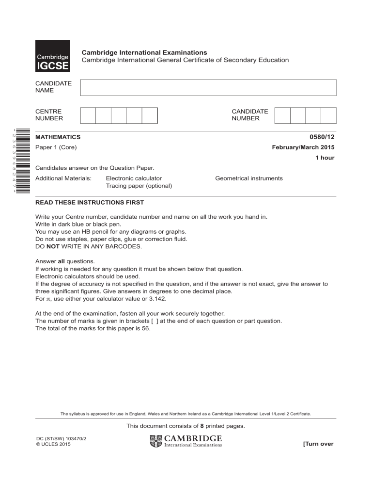 Cambridge IGCSE Mathematics Core Paper 1 Exam