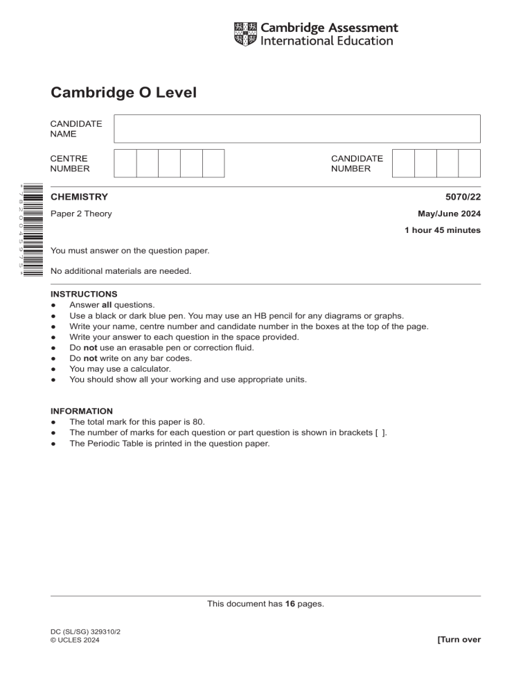 Cambridge O Level Chemistry Paper 2 Theory - May/June 2024