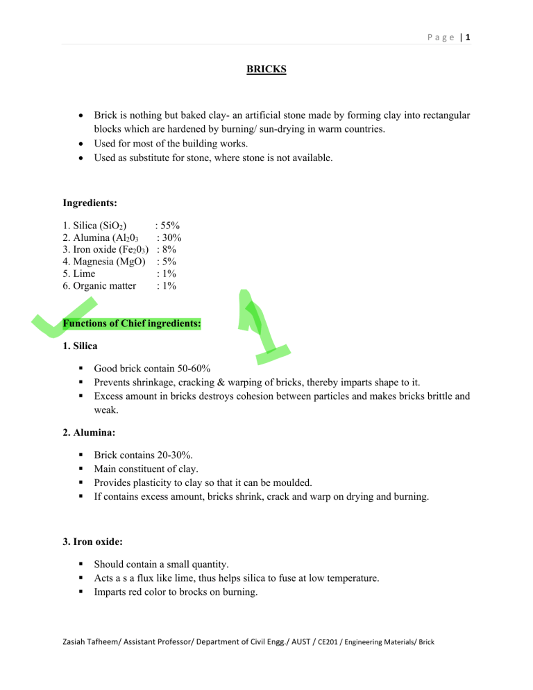 Bricks: Composition, Properties & Testing - Civil Engineering