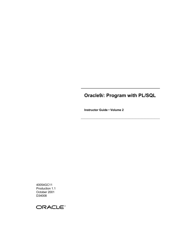 Oracle9i PL/SQL Programming Instructor Guide