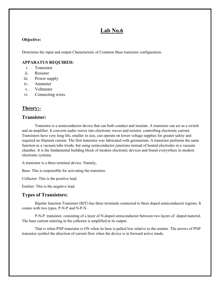 Common Base Transistor Characteristics Lab