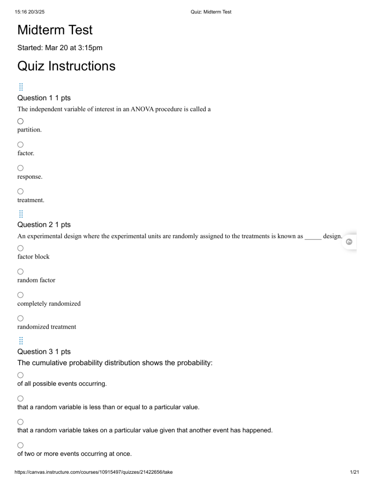 Statistics Midterm Test Quiz - ANOVA, Probability