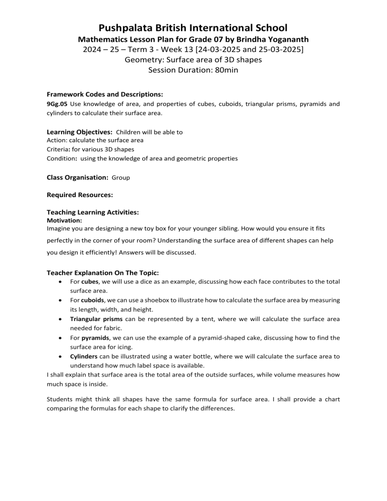 Grade 7 Math Lesson Plan: Surface Area & Rational/Irrational Numbers