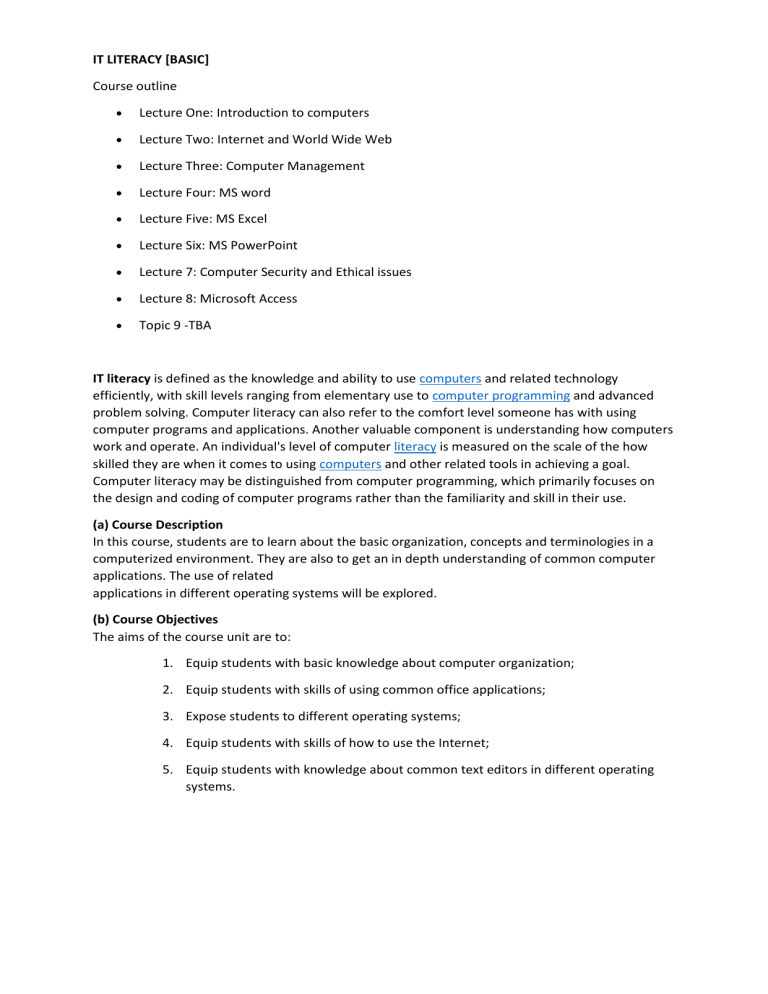 IT Literacy Course Outline: Basic Computer Skills
