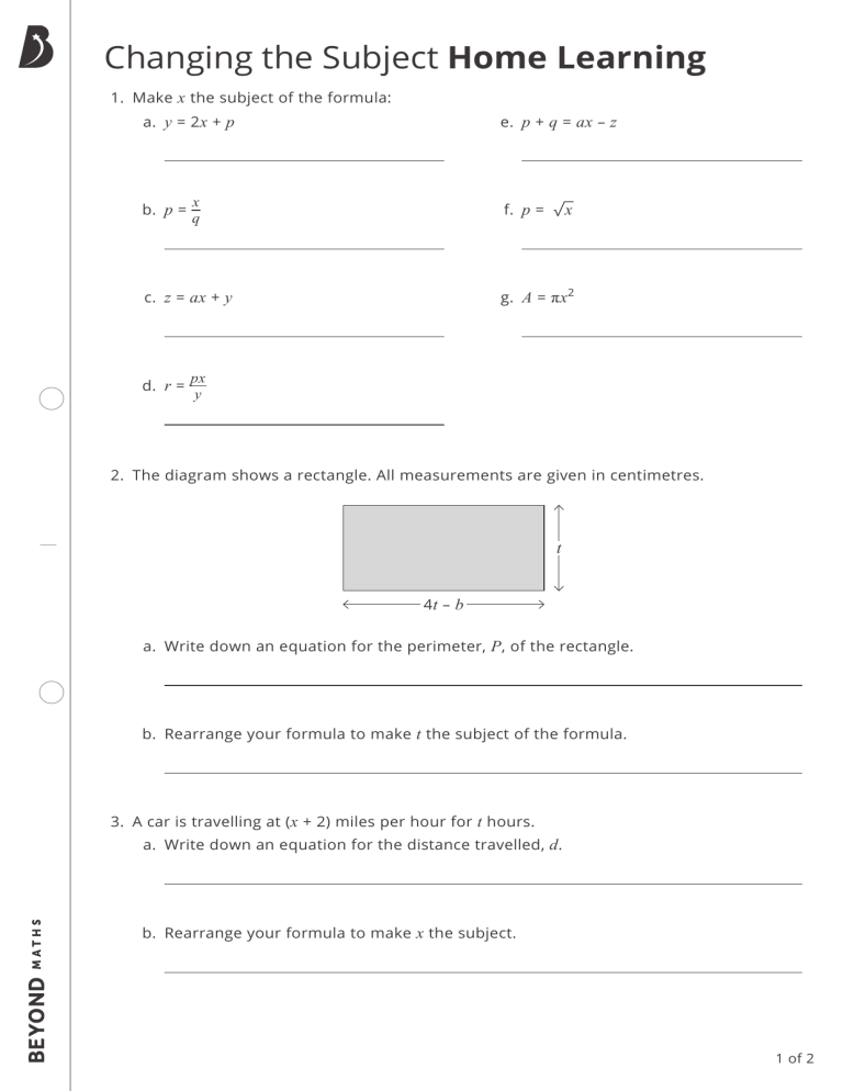 Changing Subject of Formula Worksheet