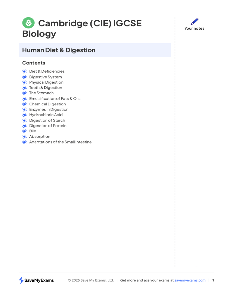 Human Diet & Digestion IGCSE Biology Notes