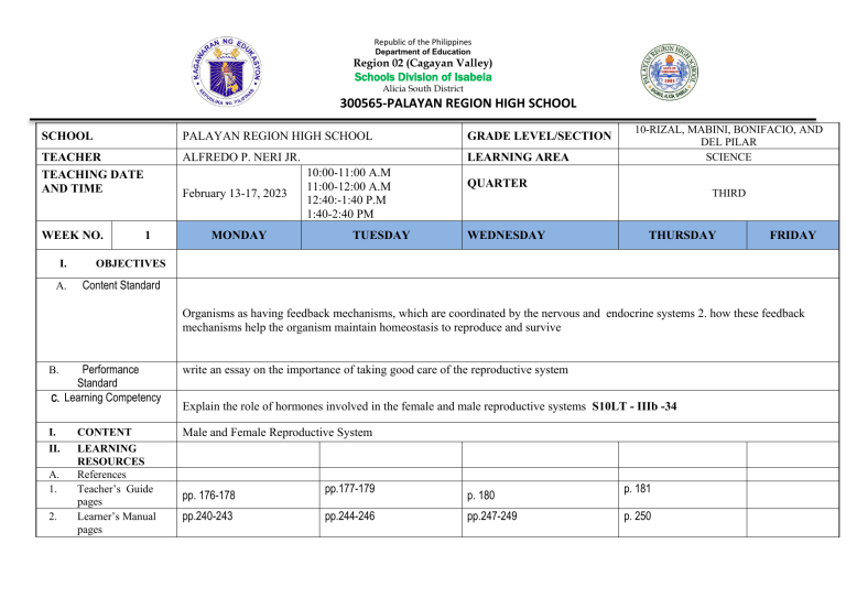 Science Grade 10 Lesson Plan: Reproductive & Endocrine Systems