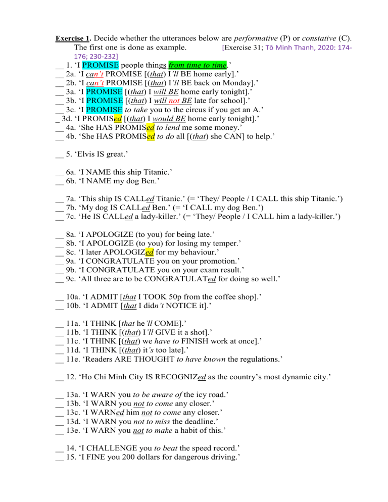 Performative vs. Constative Utterances: Linguistics Exercise