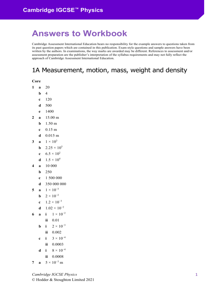 Cambridge IGCSE Physics Workbook Answers: Measurement, Forces, Energy