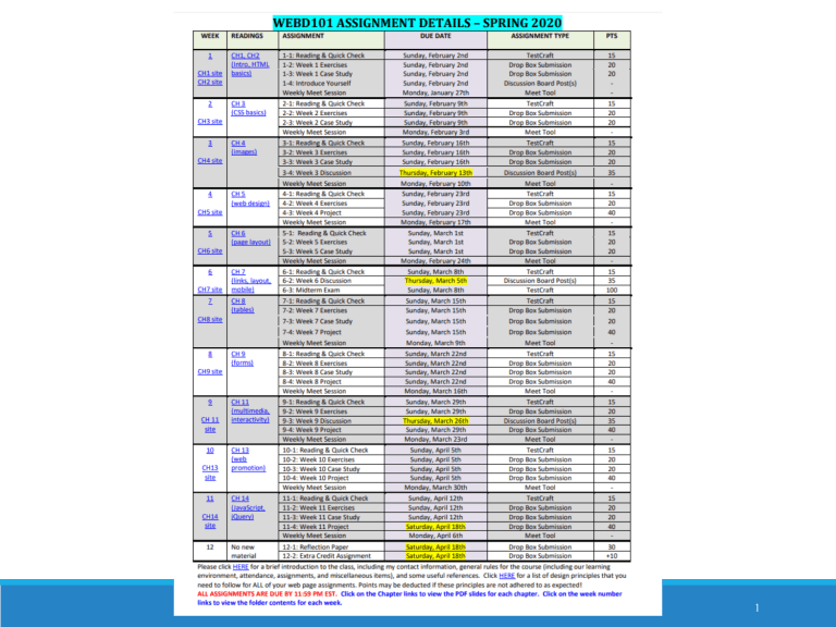 WEBD101 Assignment Schedule - Spring 2020