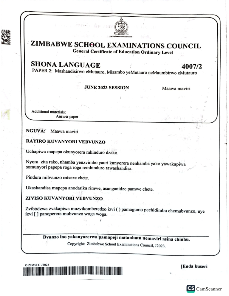 ZIMSEC Shona Language Exam Paper 4007/2