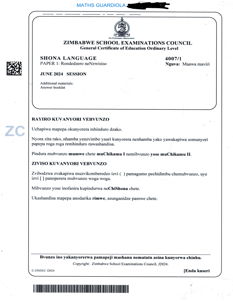 ZIMSEC Shona Language Exam Paper