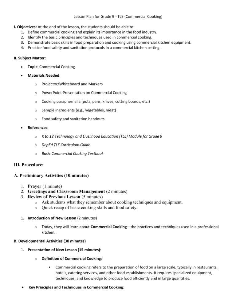 Grade 9 Commercial Cooking Lesson Plan: Food Safety & Techniques