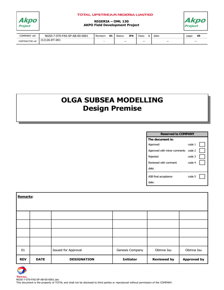 AKPO Field OLGA Subsea Modeling Design Premise