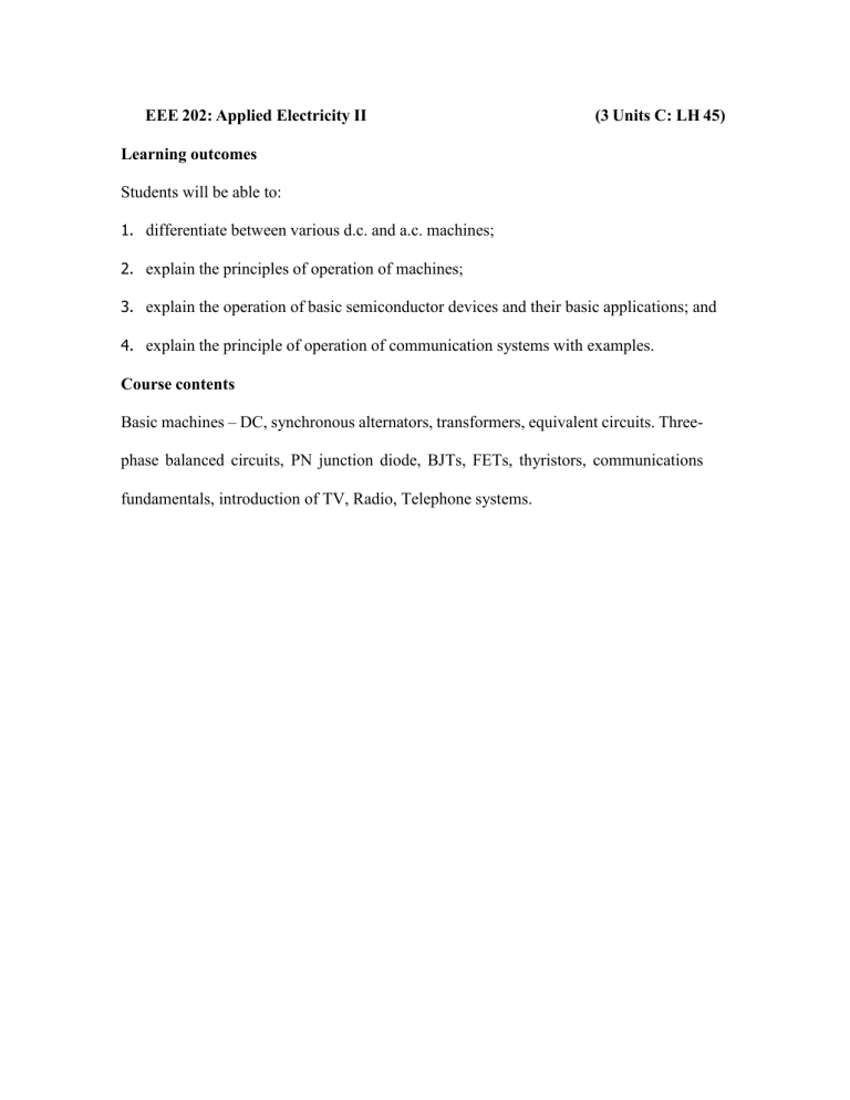 EEE 202 Applied Electricity II Course Syllabus