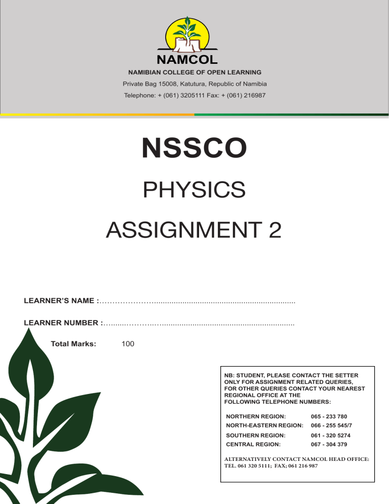 NSSCO Physics Assignment 2 - NAMCOL