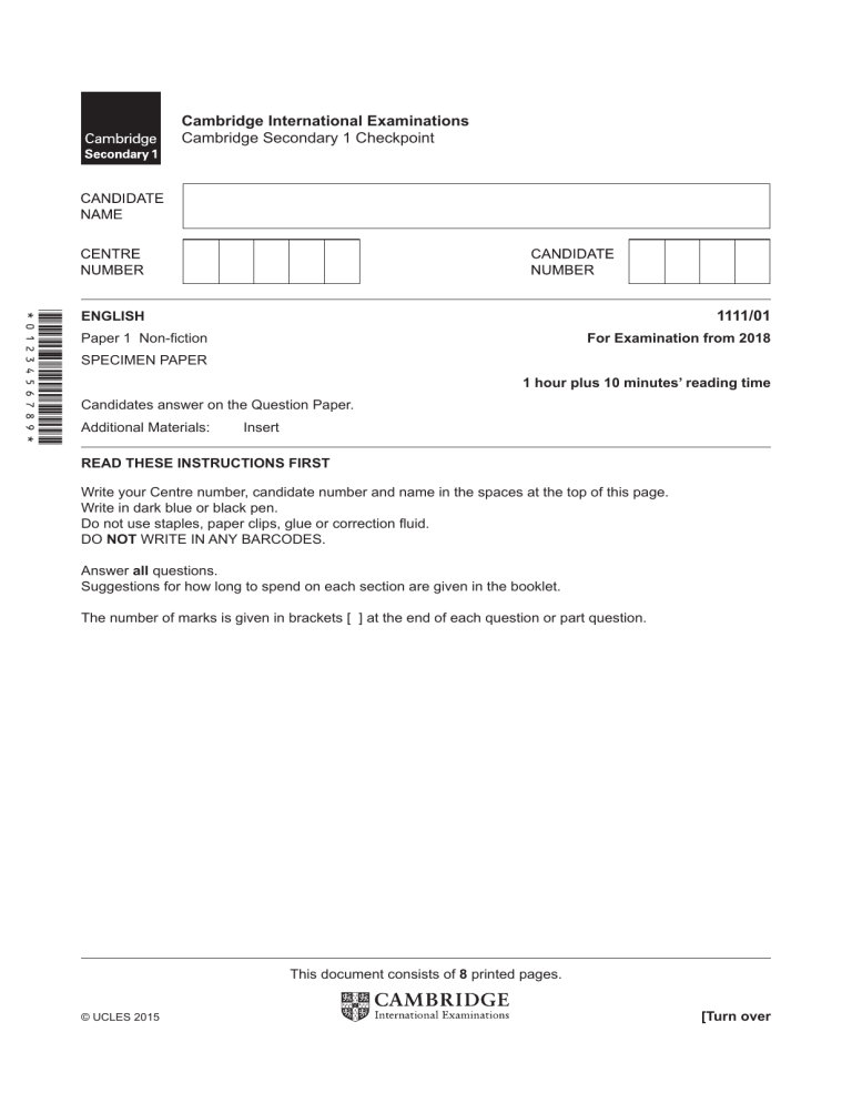 Cambridge Checkpoint English Non-fiction Specimen Paper
