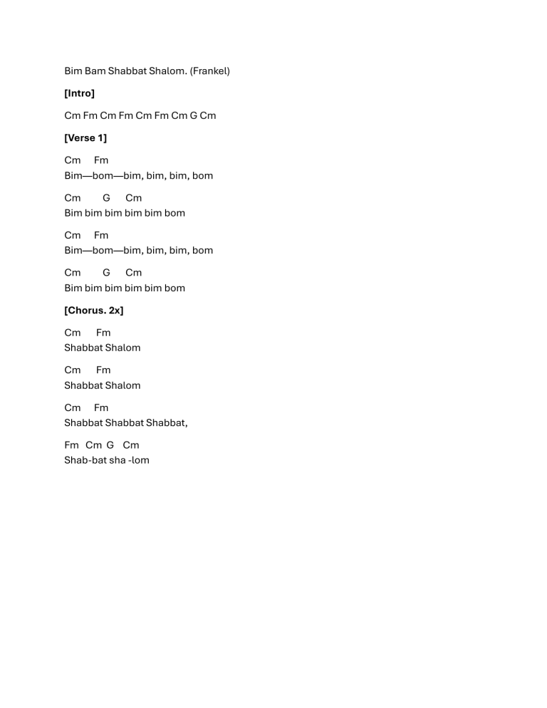 Bim Bam Shabbat Shalom Chord Chart - Frankel