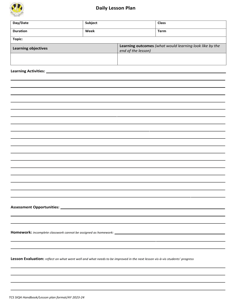 Daily Lesson Plan Template