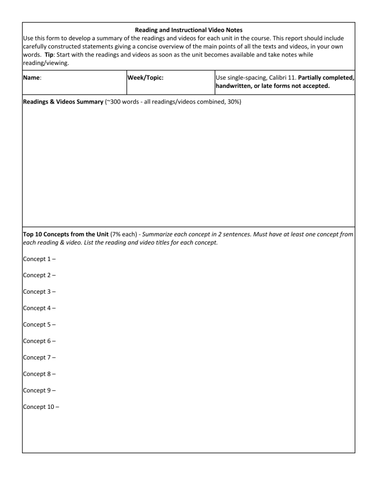 Reading & Video Notes Template