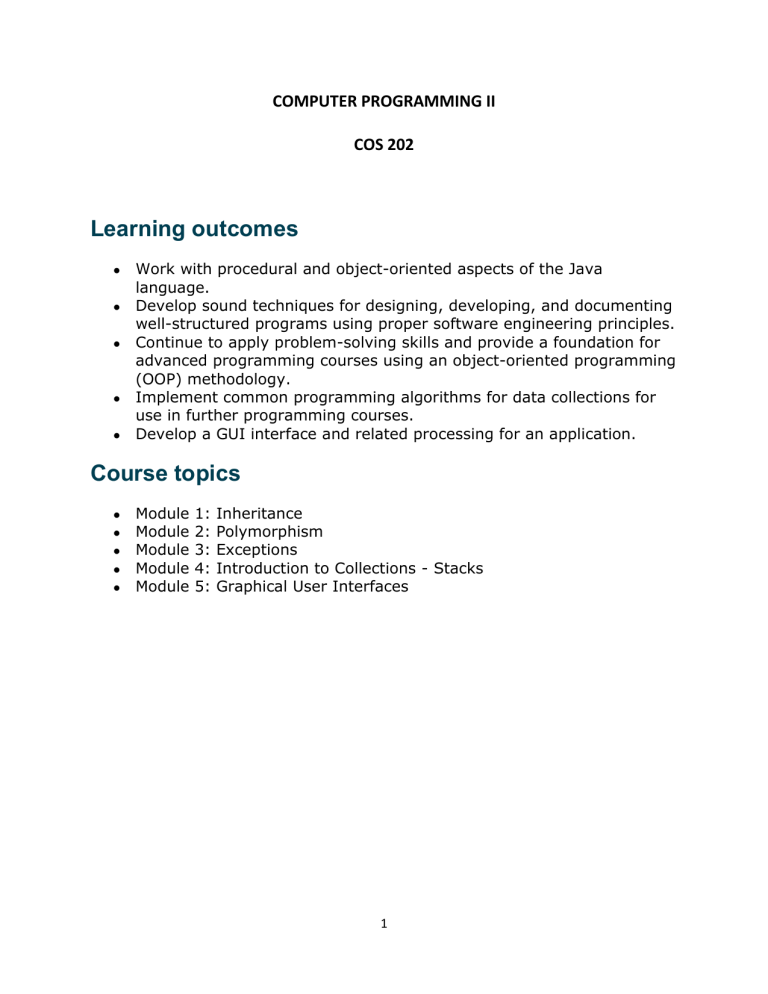 Computer Programming II Coursebook: Java, OOP, GUI