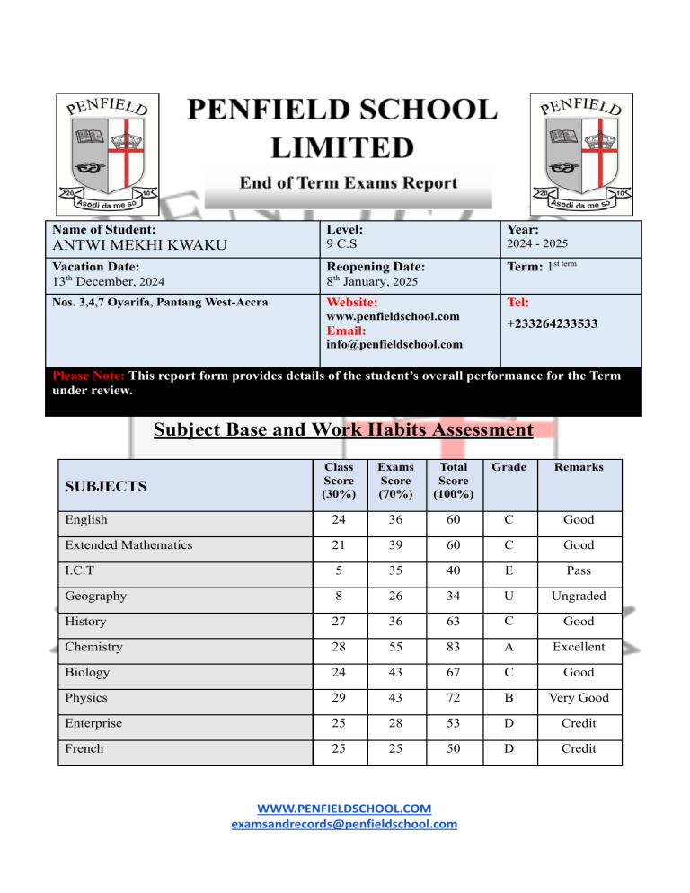 Penfield School Report Card - 9th Grade