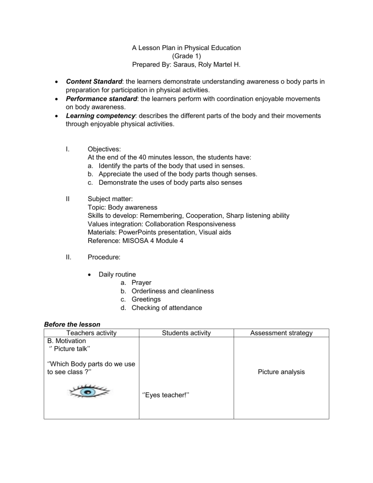 Grade 1 Physical Education: Body Awareness Lesson Plan