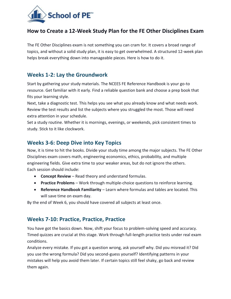 FE Other Disciplines Exam: 12-Week Study Plan