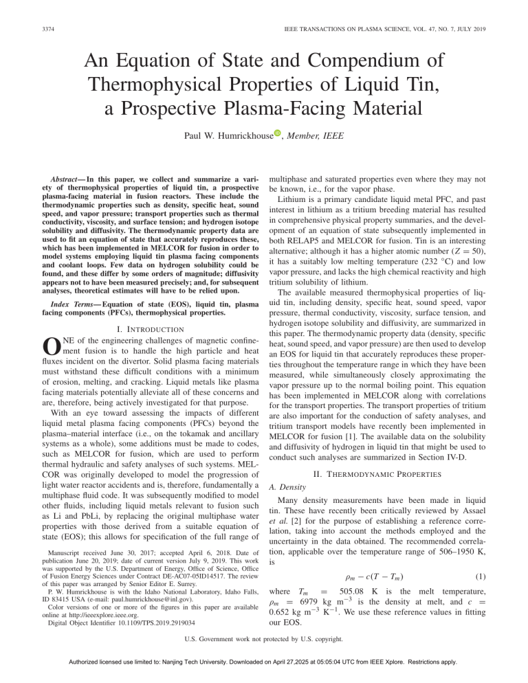 Liquid Tin Thermophysical Properties & Equation of State