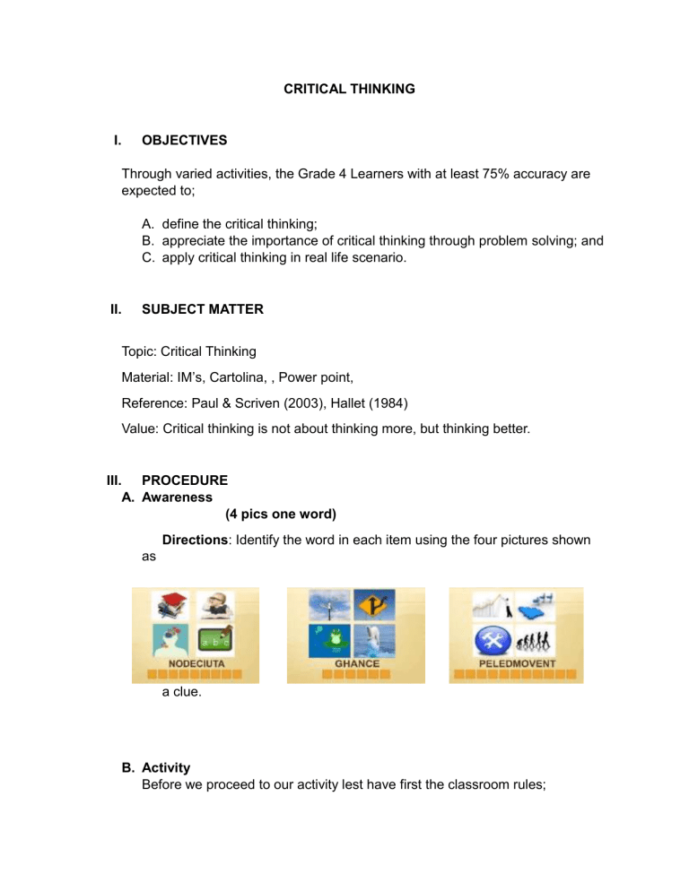 Critical Thinking Lesson Plan for Grade 4