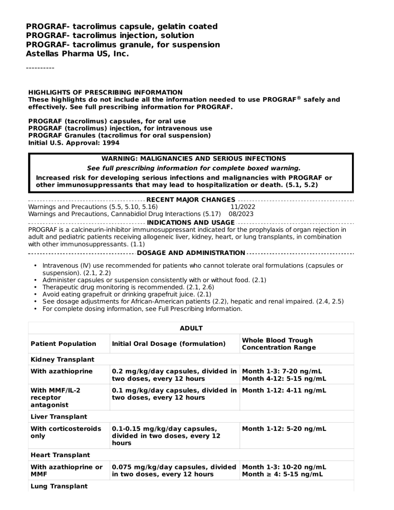 PROGRAF Prescribing Information: Tacrolimus Dosage & Warnings