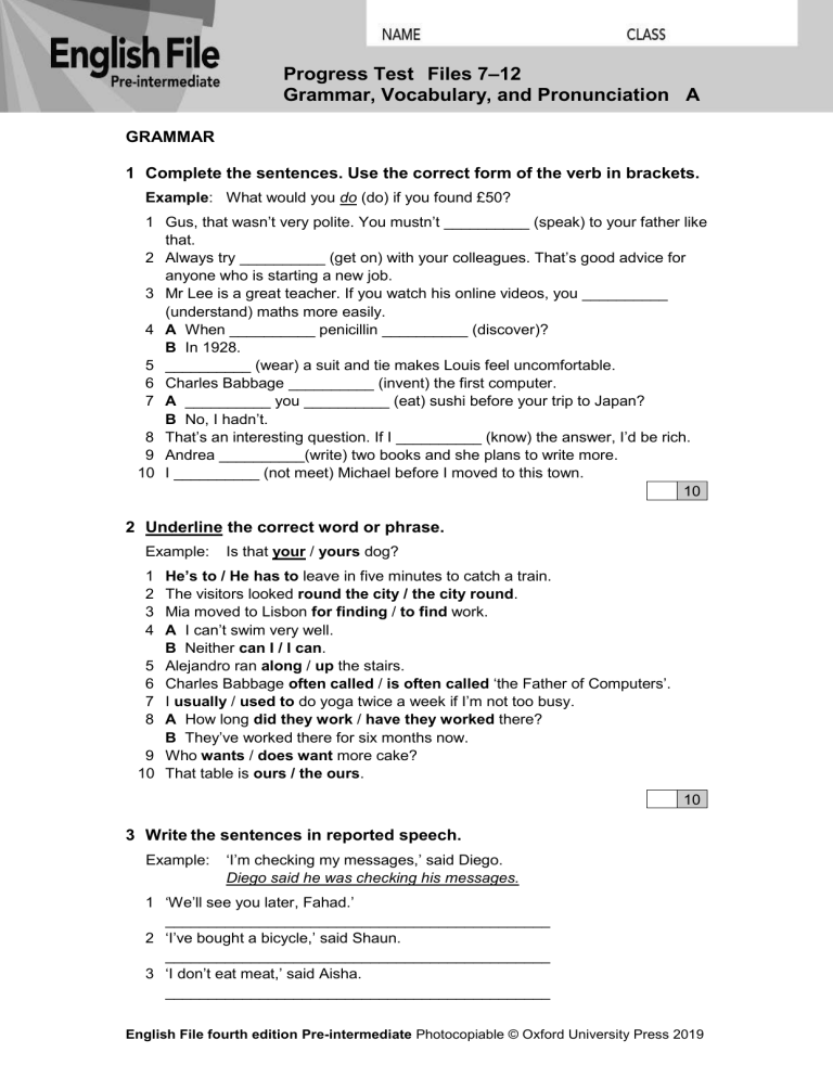 English Pre-Intermediate Progress Test: Grammar, Vocab, Pronunciation