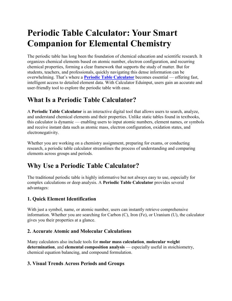 Periodic Table Calculator: A Smart Chemistry Companion