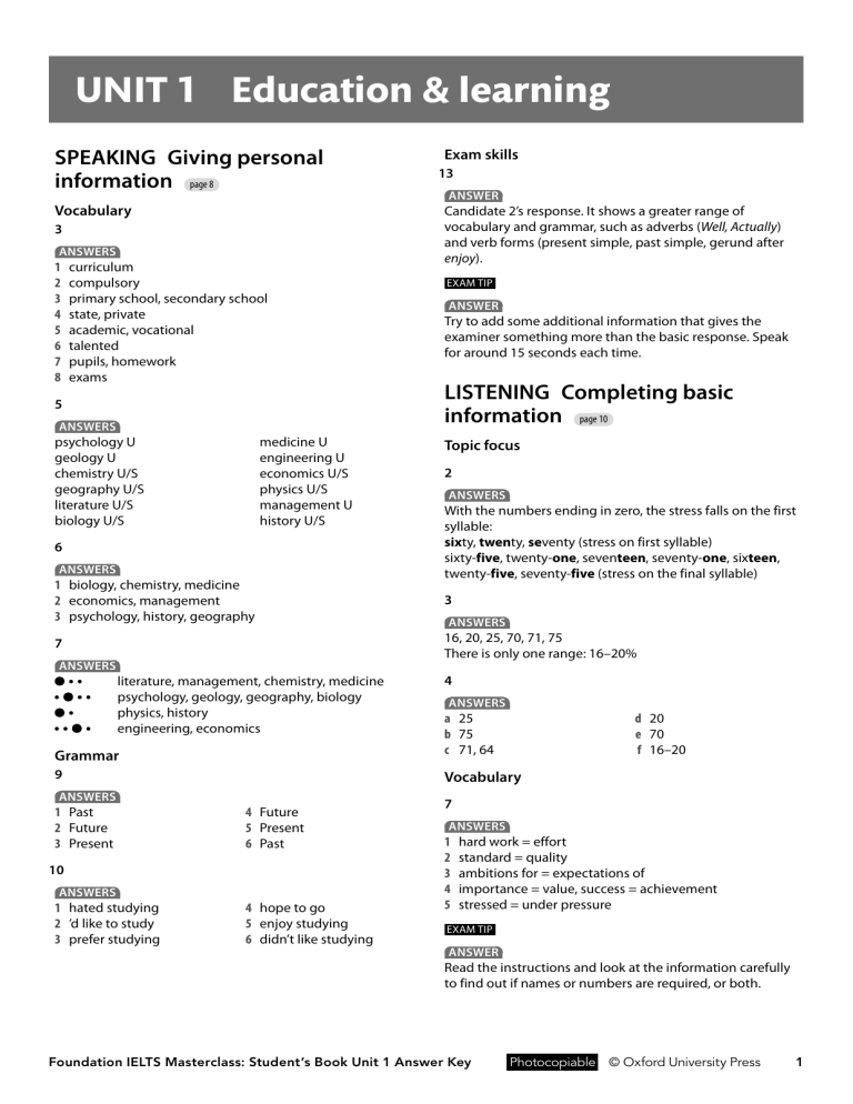 IELTS Masterclass Unit 1 Answer Key