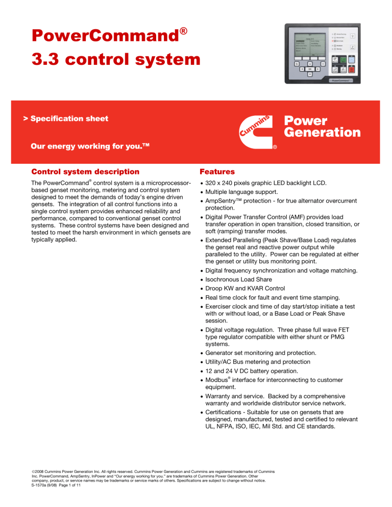 PowerCommand 3.3 Genset Control System Datasheet