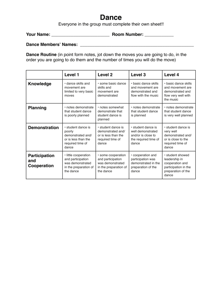 Dance Routine Planning Worksheet