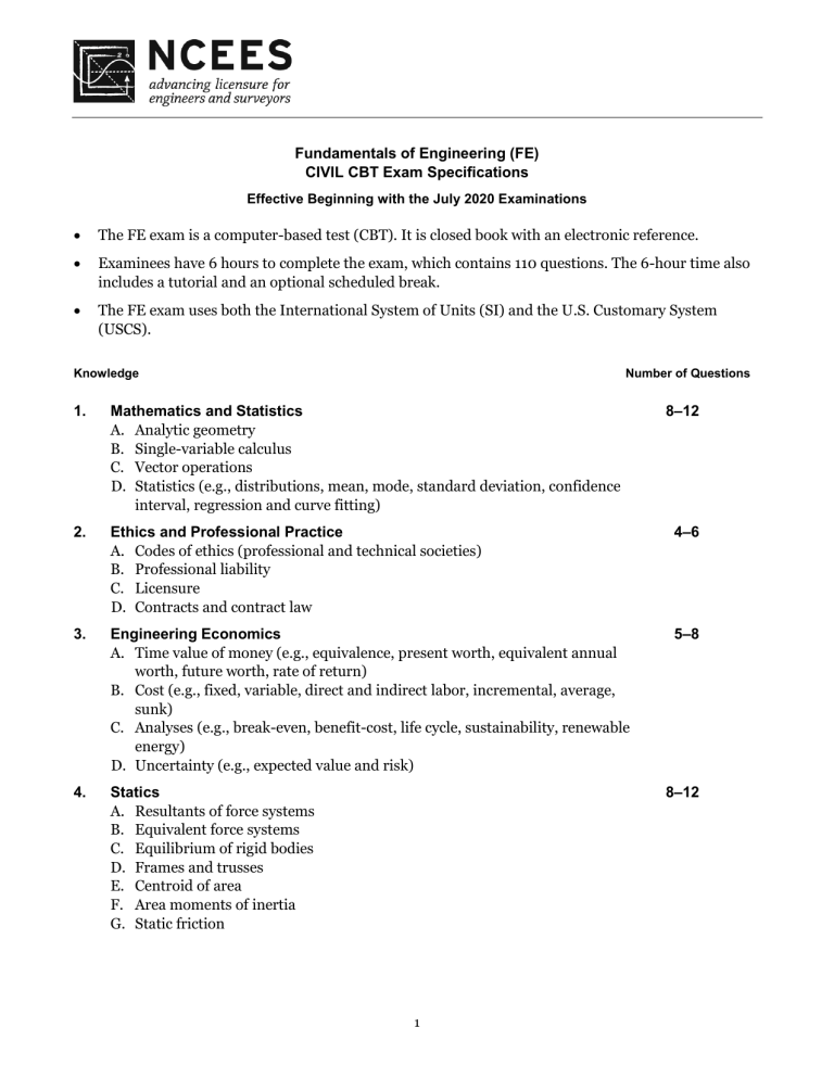 FE Civil CBT Exam Specifications (July 2020)