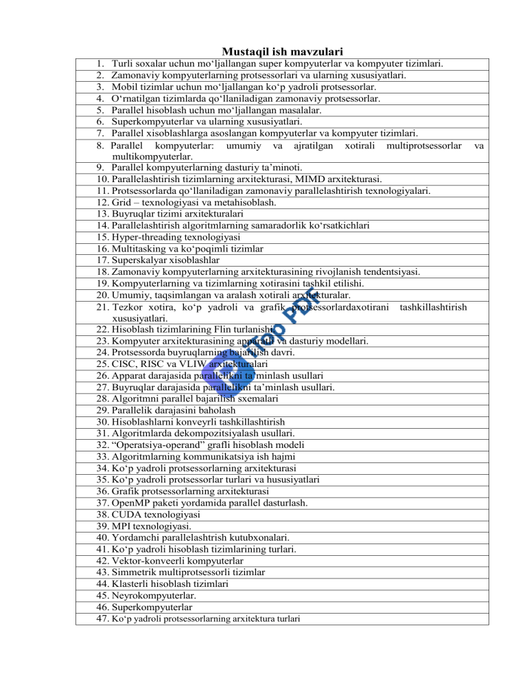 Kompyuter Arxitekturasi va Parallel Hisoblash Mavzulari