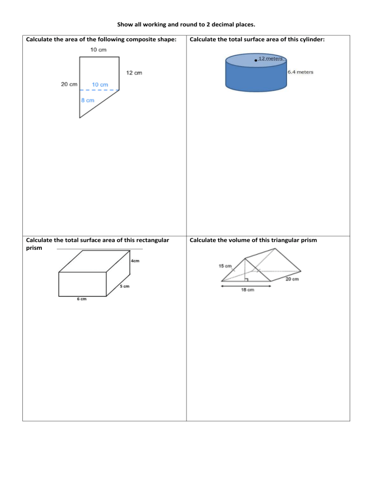 Area and Volume Worksheet: Composite Shapes & Prisms