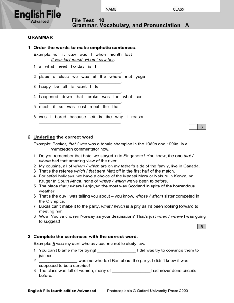 English Grammar, Vocabulary, Pronunciation Test