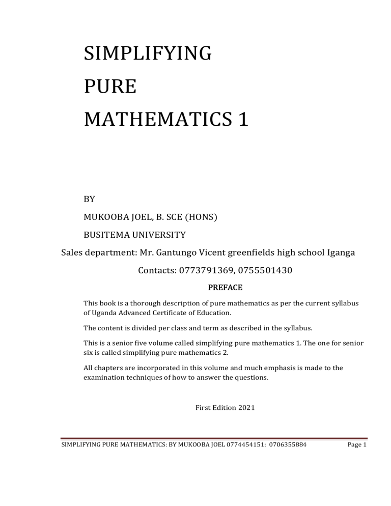 Simplifying Pure Mathematics 1: Senior Five Textbook