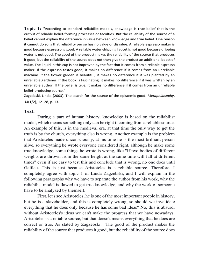 Reliabilism & Knowledge: Separating Author from Work