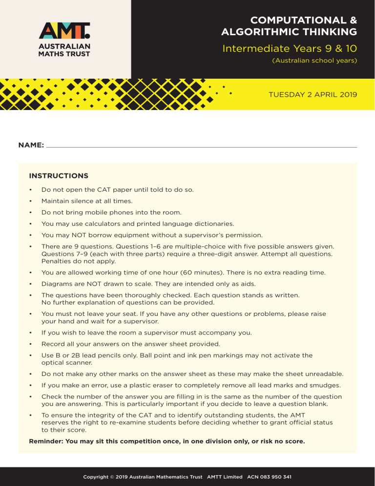CAT Exam Paper: Computational & Algorithmic Thinking Y9-10