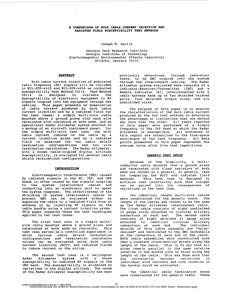 Cable Current Injection vs. Radiated Field Susceptibility Tests