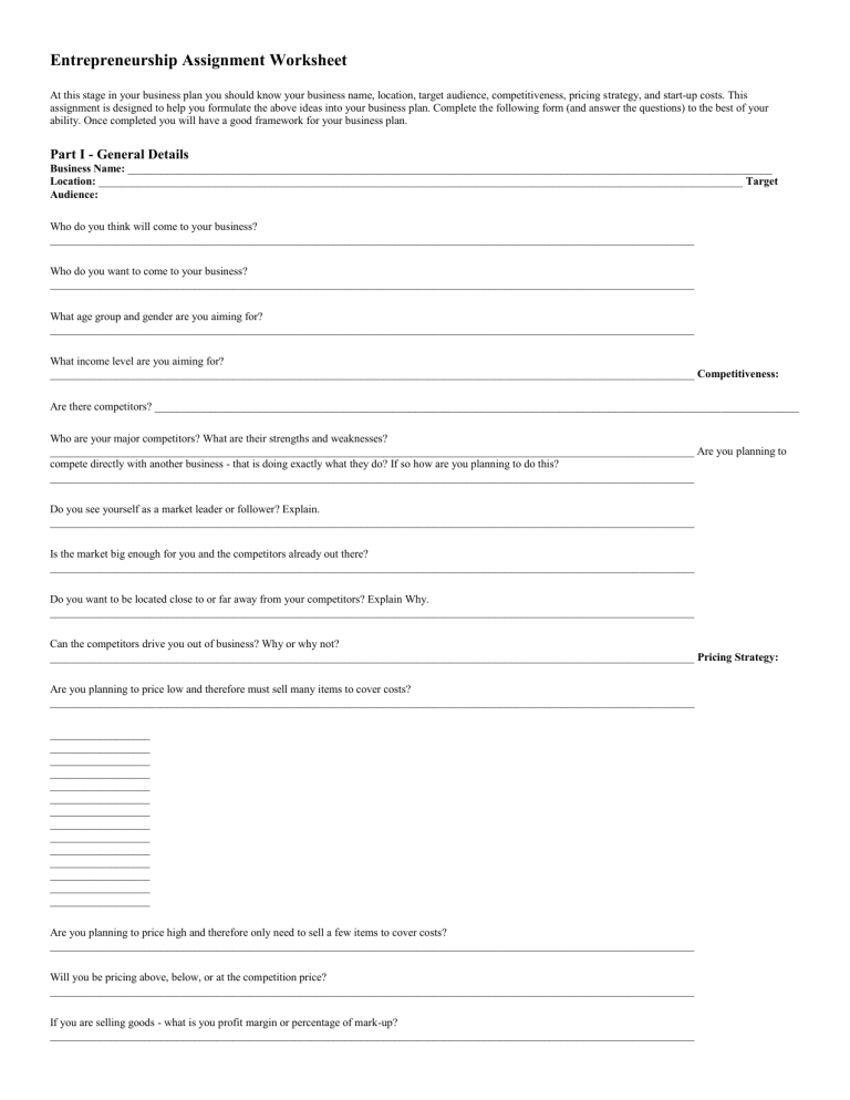 Entrepreneurship Business Plan Worksheet