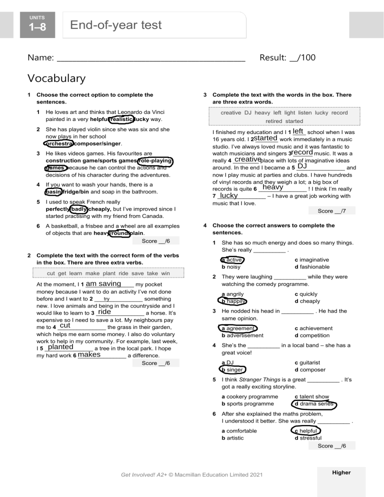 English A2+ End-of-Year Test: Vocabulary, Grammar, Reading