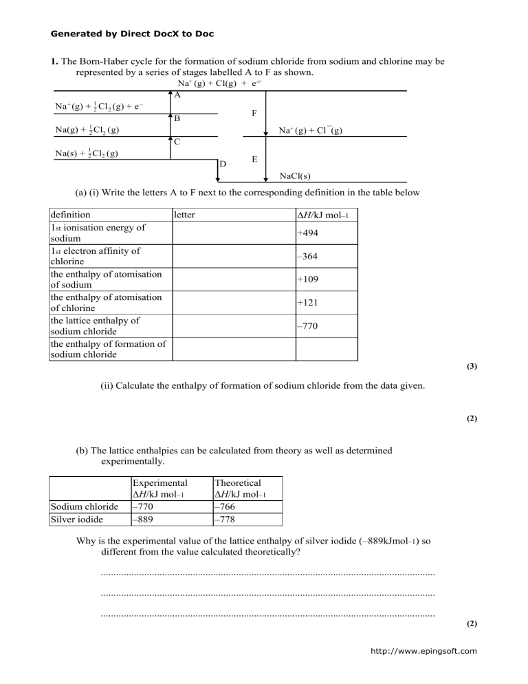 Chemistry Exam Questions: Born-Haber Cycle & Enthalpy