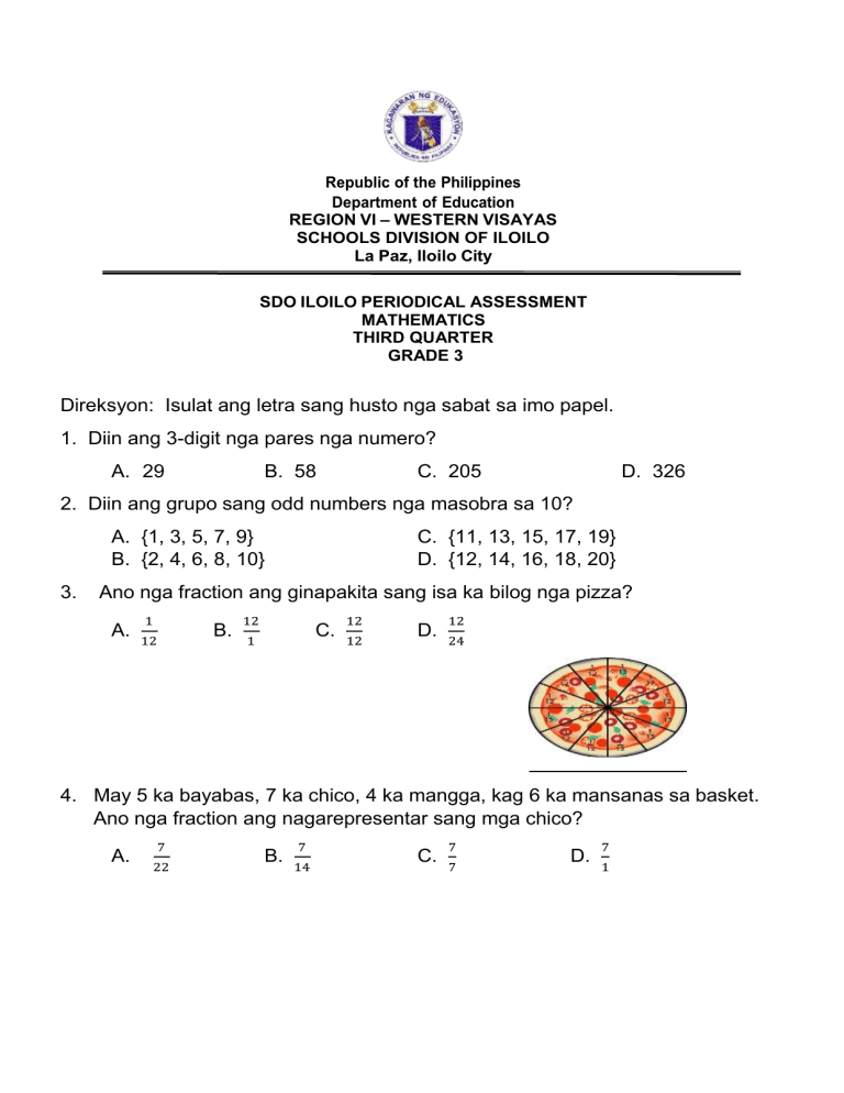 Grade 3 Math Assessment: Fractions, Geometry, Patterns
