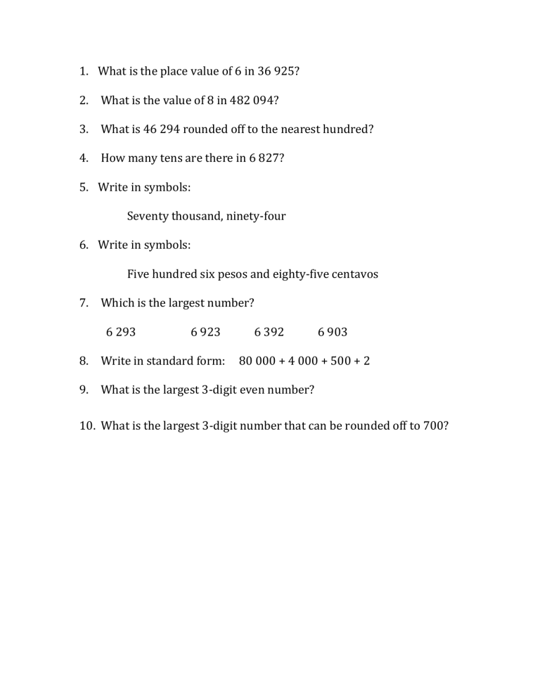 Elementary Math Worksheet: Place Value, Fractions, Geometry