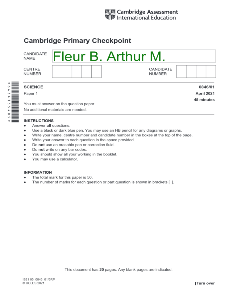 Cambridge Primary Science Checkpoint Exam Paper